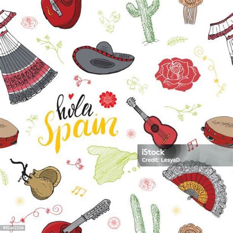 스페인 원활한 패턴 낙서 요소 손으로 그려진된 스케치 스페인 전통 기타 드레스와 음악 기기 스페인 레터링안녕 스페인의 지도 벡터 일러스트 레이 션 배경 관광에 대한 스톡