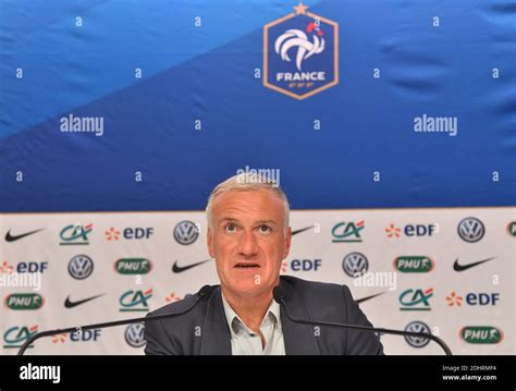 French Football Team Coach Didier Deschamps Gives A Press Conference At