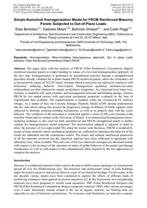 Simple Numerical Homogenization Model For Frcm Reinforced Masonry Panels Subjected To Out Of