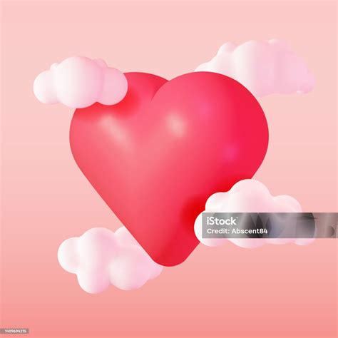 3d Fluffy Cartoon Clouds Dengan Hati Merah Ilustrasi Stok Unduh
