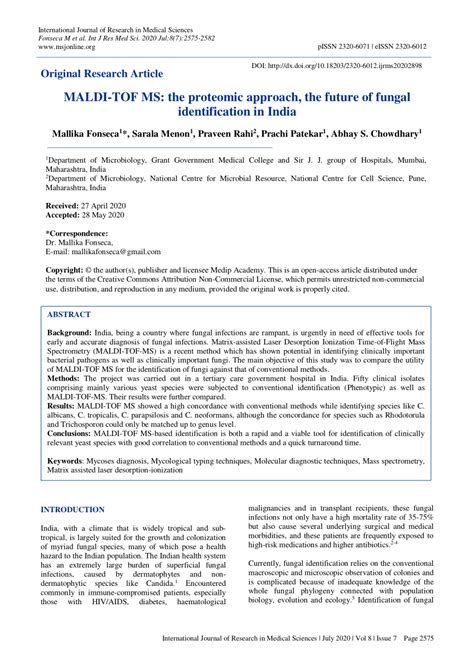 Pdf Maldi Tof Ms The Proteomic Approach The Future Of Fungal Identification In India