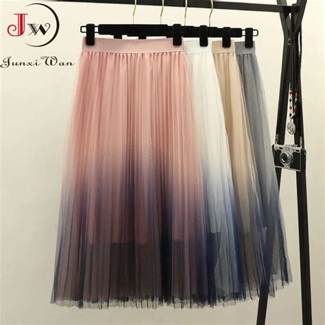 Two Layer Sweet Mesh Pleated Long Skirt Women Elastic High Waist