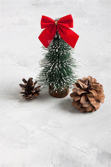 小圣诞树，混凝土背景上的松果