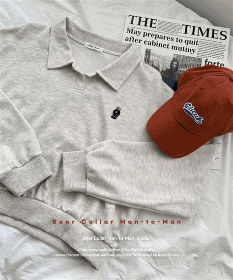 세미크롭핏귀여운곰돌이자수~카라넥맨투맨 곰돌이자수카라맨투맨 에이블리