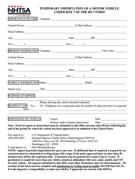 Nhtsa Temp Importation Mv Box 7 Form Fill Online Printable Fillable Blank Pdffiller