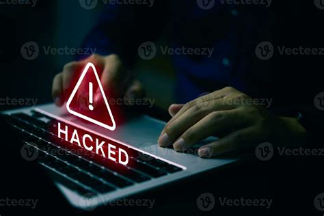 Man Using Computer With System Hacked Alert Warning Signs Attack On