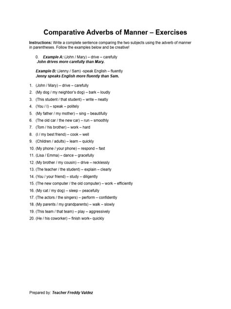 Comparative Adverbs Exercises Comparison With Adverbs Pdf