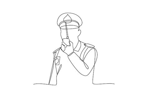 단일 연속 라인 드로잉 경찰이 함께 의사소통하기 위해 드 라디오를 사용합니다 경찰 활동 미니멀리즘 개념 한 줄 드로잉
