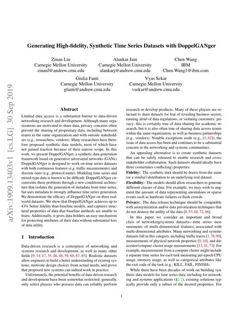 Pdf Generating High Fidelity Synthetic Time Series Datasets With Doppelganger