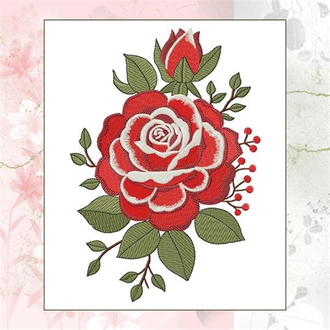 Rose Embroidery Design Machine Embroidery Red Rose With Leaves And