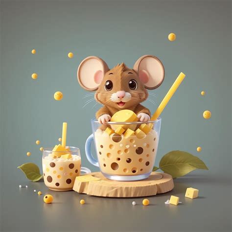 Premium Photo Cute Mouse Drinking Boba Milk Tea With Cheese Cartoon Vector Icon Illustration