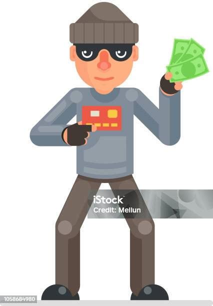 신용 카드 도난 돈을 사악한 탐욕 도둑 만화 악성 Bulgar 문자 플랫 디자인 절연 벡터 일러스트 레이 션 구매에 대한 스톡