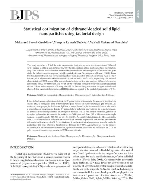 Pdf Statistical Optimization Of Dithranol Loaded Solid Lipid Nanoparticles Using Factorial