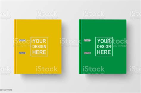 벡터 3d 닫기 사실적인 노란색 및 녹색 빈색 사무실 바인더와 금속 링용 A4 용지 시트 클로즈업 흰색 배경에 격리 디자인 템플릿 모형 상단 보기 닫음에 대한 스톡 벡터