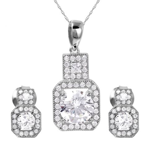 Sterling Silver Square Cz Earring And Necklace Set Sgms00019rh