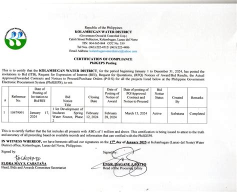 Certificate Of Compliance Philgeps Posting Cy 2025 Kolambugan Water