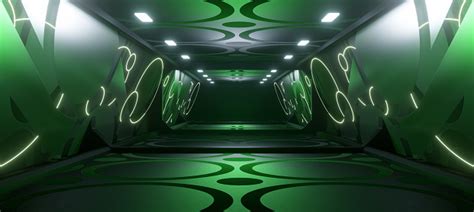 초현실적 인 기술 외계인 인테리어 빈 스튜디오 네온 조명 어두운 슬레이트 회색 색상 디지털 미래주의 개념 3d 렌더링 3차원