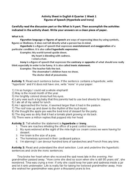 Activity Sheet In English 6 Quarter 1 Week 1 Pdf Irony