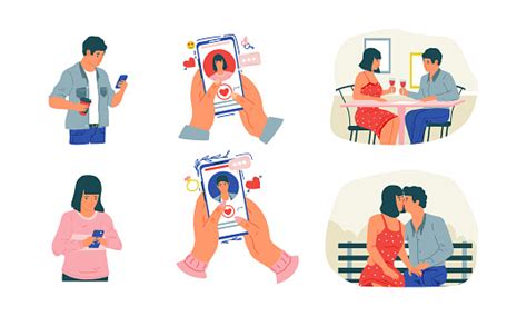 데이트 응용 프로그램 만화 남자와 여자 찾고 부부와 지인 회의 및 통신을 위한 모바일 애플리케이션 관계 개발의 귀여운 단계 온라인 서비스 벡터 세트 Brand Name