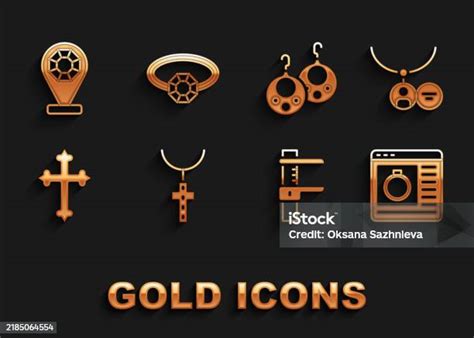 체인 로켓 목걸이 보석 온라인 쇼핑 캘리퍼 또는 캘리퍼스 및 스케일 귀걸이 상점 및 다이아몬드 약혼 아이콘에 기독교 십자가 설정 벡터 검은색에 대한 스톡 벡터 아트 및 기타