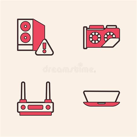 Set Laptop Case Of Computer Video Graphic Card And Router And Wi Fi Signal Icon Vector Stock
