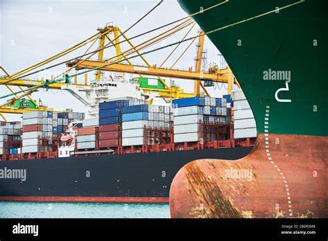 Container Crane Loading Cargo In Container Ship In Maritime Port And Container Harbor