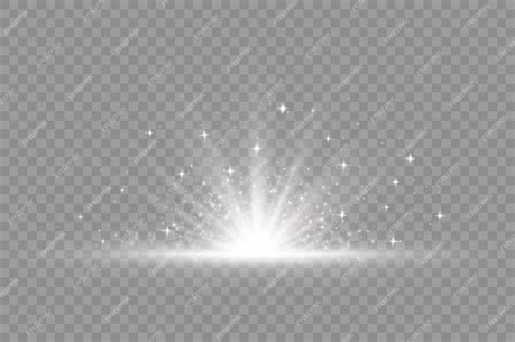 투명한 빛나는 태양 밝은 플래시 투명한 배경에서 흰색 빛나는 빛이 폭발합니다 밝은 플래시를 중앙에 둡니다 반짝이는 마법의 먼지 입자 밝은 별 반짝임 프리미엄 벡터