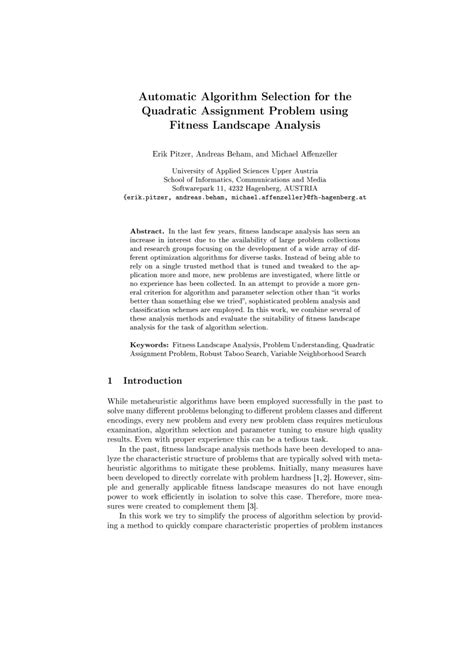 Pdf Automatic Algorithm Selection For The Quadratic Assignment