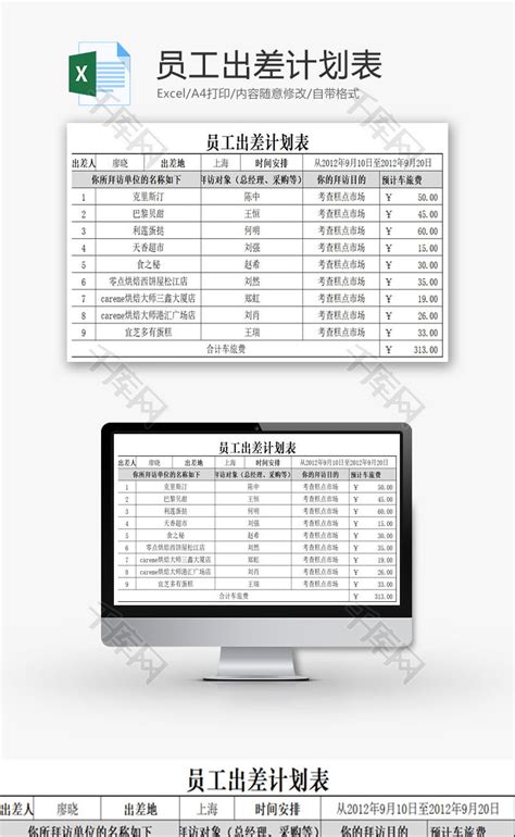 员工出差计划表EXCEL模板 千库网 excelID88479
