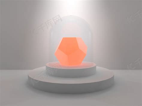 在演播室中心的十二面体 在一个圆形的基座上 在被光线照亮的玻璃帽下。十二面体 一种火红的宝石 橙色 发光。3d 渲染背景图片免费下载