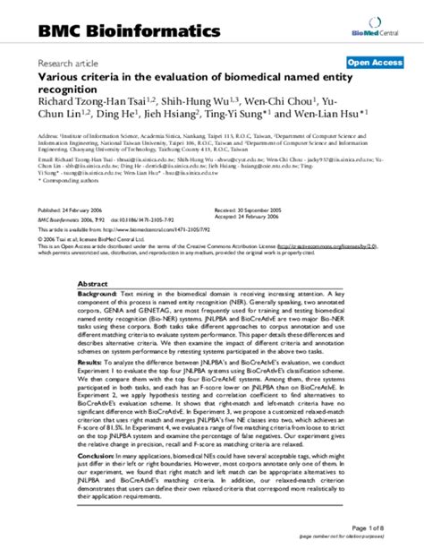 Pdf Various Criteria In The Evaluation Of Biomedical Named Entity