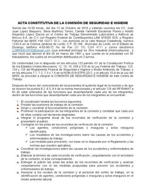 Acta Constitutiva De Una Comisión Mixta De Seguridad E Higiene Pdf