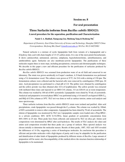 Pdf Three Surfactin Isoforms From Bacillus Subtilis Hso121 A Novel