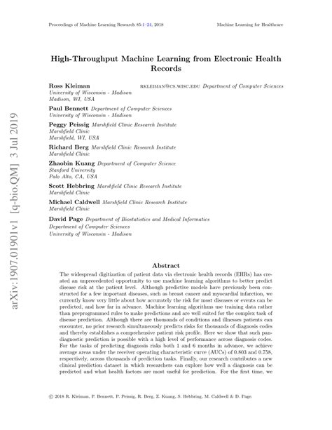 Pdf High Throughput Machine Learning From Electronic Health Records
