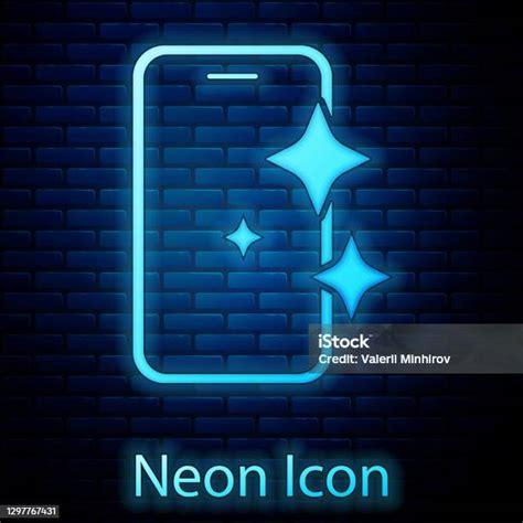 벽돌 벽 배경에 고립 된 스마트 폰 아이콘에 대한 빛나는 네온 유리 화면 보호기 유리 용 보호 필름 휴대 전화에 대한 투명 소프트 유리 벡터 Lcd에 대한 스톡 벡터 아트
