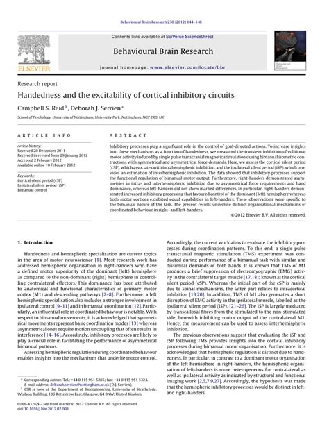 Pdf Handedness And The Excitability Of Cortical Inhibitory Circuits