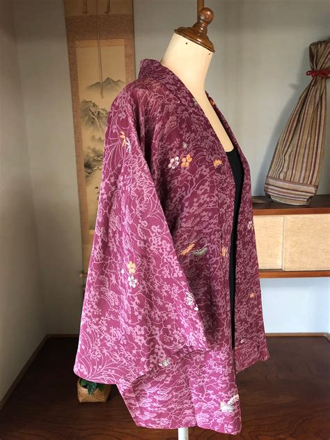 Vintage Kimono Haori Purple With Small Floral Bamboo And Pine