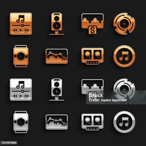 음악 웨이브 이퀄라이저 비닐 디스크 음표 음색 Dj 리모컨 및 믹싱 음악 맥주 캔 플레이어 및 스테레오 스피커 아이콘을 설정합니다 벡터 Dj에 대한 스톡 벡터 아트 및 기타