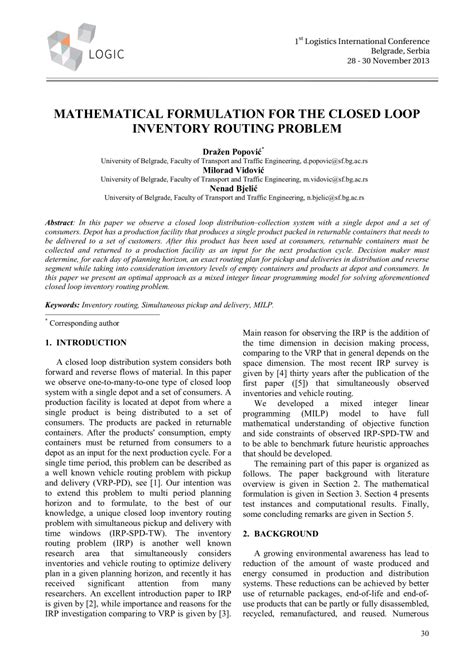 Pdf Mathematical Formulation For The Closed Loop Inventory Routing