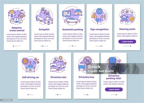 자율 주행 자동차 는 선형 개념으로 설정 모바일 앱 페이지 화면 온보딩 무인 자동차 기능 업계 연습 단계 그래픽 지침 Ux Ui