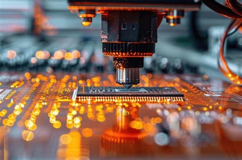 Printed Circuit Board Assembly Process Conveyor With Robotic Arms In Electronics Factory