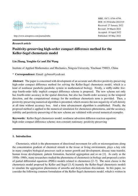 Pdf Positivity Preserving High Order Compact Difference Method For The Keller Segel Chemotaxis