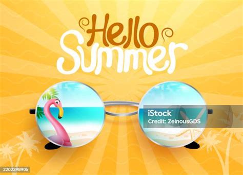 여름 휴가 인사말 벡터 디자인입니다 해변과 플라밍고가 있는 노란색 패턴 배경의 안녕하세요 여름 텍스트 3차원 형태에 대한 스톡 벡터 아트 및 기타 이미지 Istock