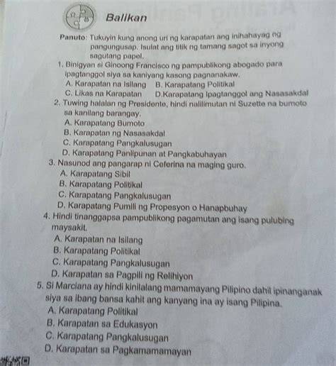 Solved Balikan Panuto Tukuyin Kung Anong Uri Ng Karapatan Ang Inihahayag Ng Pangungusap