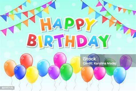 생일 축 하 해요다채로운 풍선의 낱 단을 가진 인사말 카드 벡터입니다 3차원 형태에 대한 스톡 벡터 아트 및 기타 이미지 3차원 형태 개념 공단 Istock