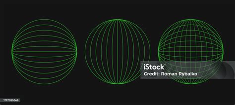 추상적인 와이어프레임 사이버펑크 요소 및 구의 원근감 있는 녹색 그리드 사이키델릭 Y2k 모양 레이브 벡터 요소 또는 트렌디한