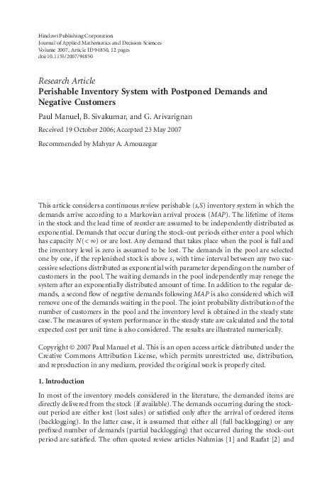 Pdf Research Article Perishable Inventory System With Postponed Demands And Negative Customers
