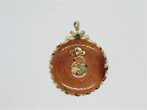 K Yellow Gold Red Amber Jade Pendant Gem