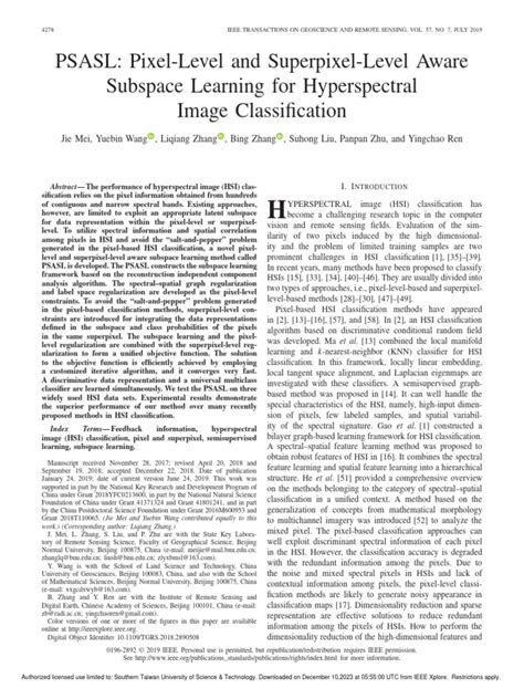 Psasl Pixel Level And Superpixel Level Aware Subspace Learning For Hyperspectral Image