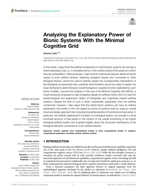 Pdf Analyzing The Explanatory Power Of Bionic Systems With The Minimal Cognitive Grid